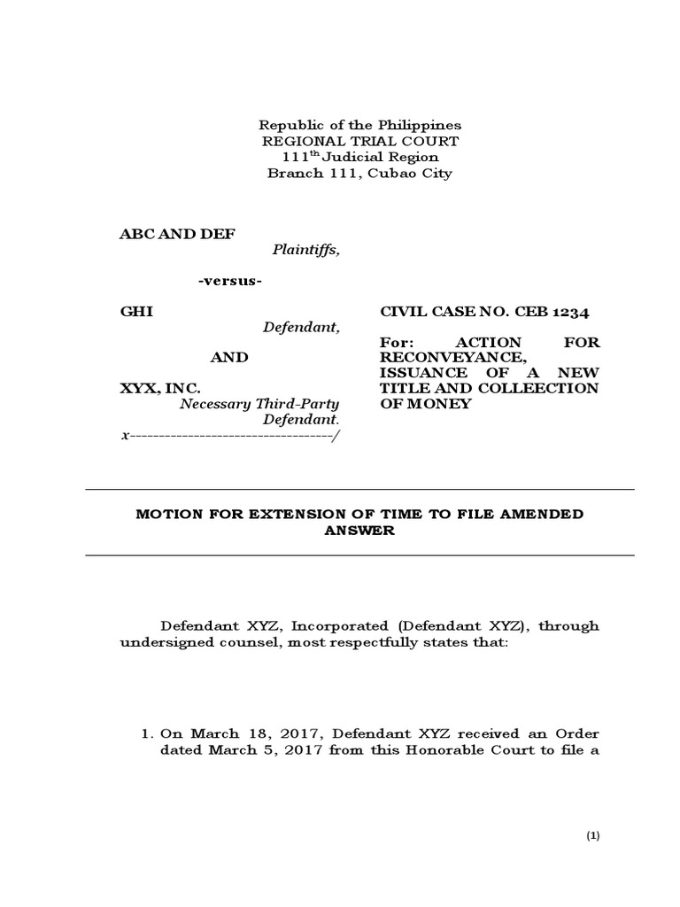Motion for Extension to File Answer | PDF | Lawsuit | Courts