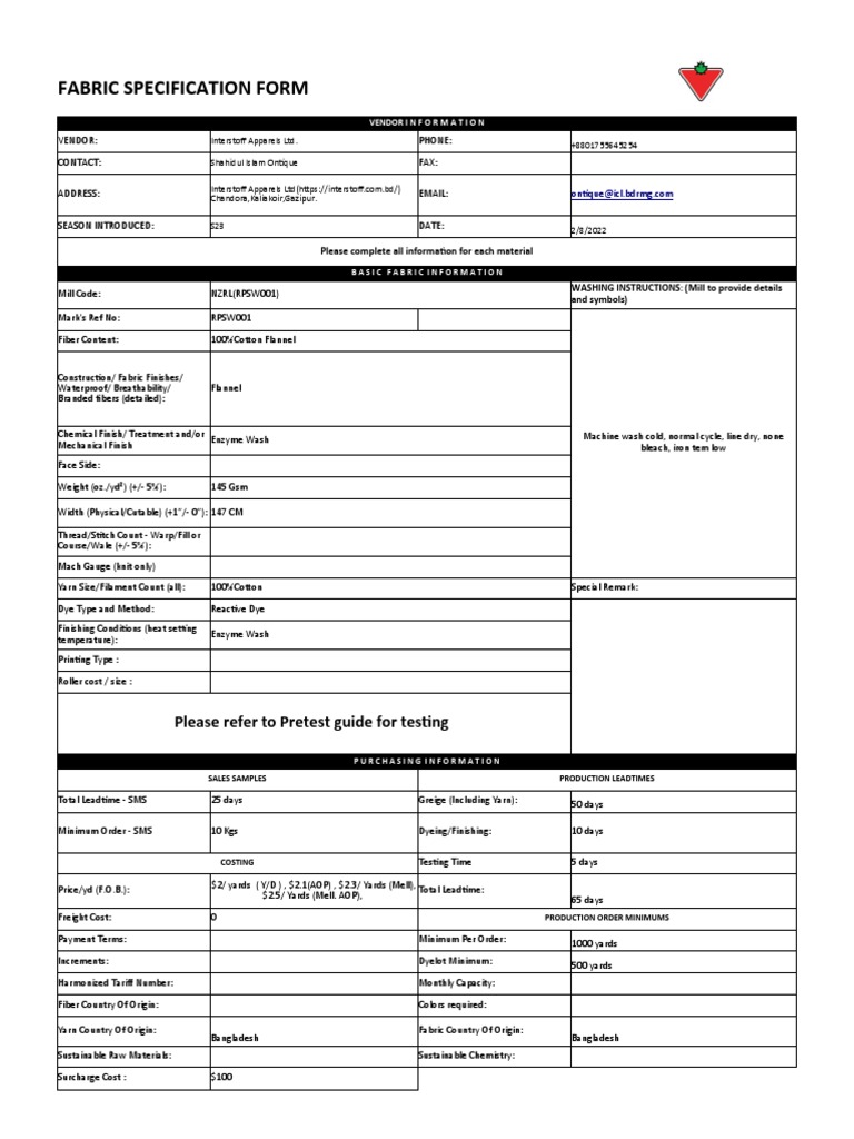 Flannel & Brushed Fabric Spec Sheets | PDF | Yarn | Textiles