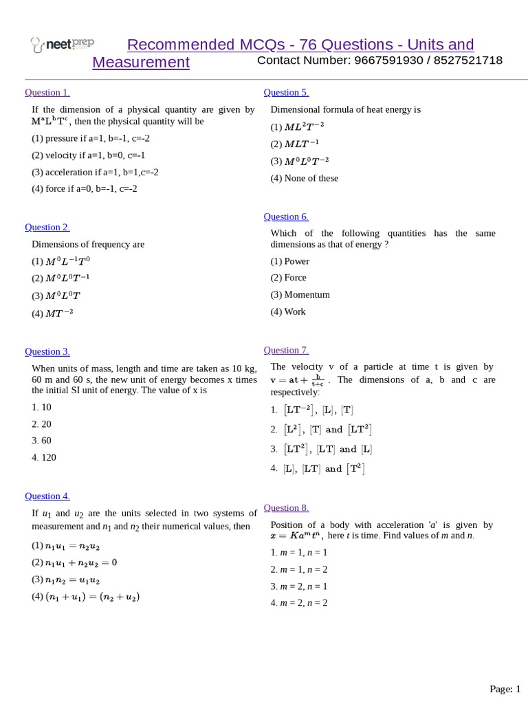 Recommended Mcqs - 76 Questions - Units and Measurement: Contact Number ...