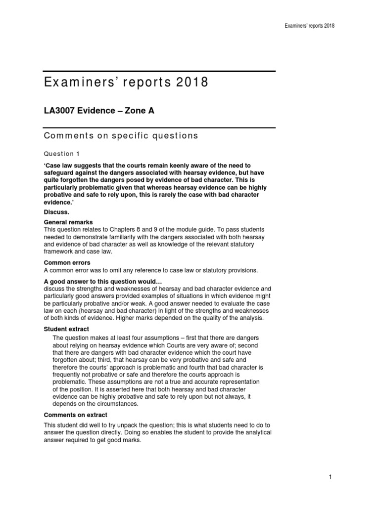 Examiners' Reports 2018: LA3007 Evidence - Zone A Comments On Specific ...
