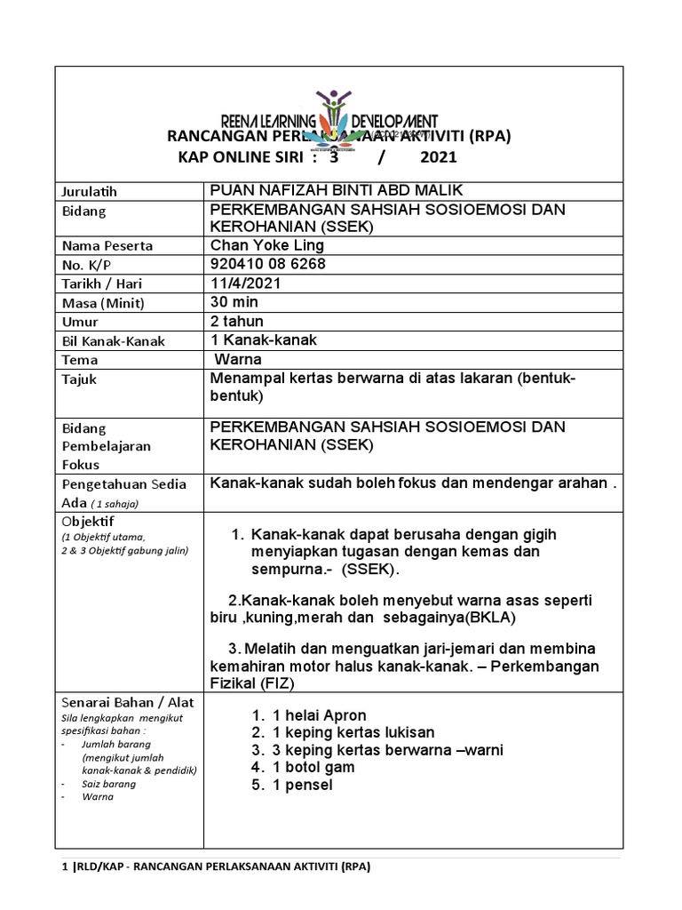 Kap Siri 3 2021 - Borang Rpa Ssek Chan Yoke Ling | PDF