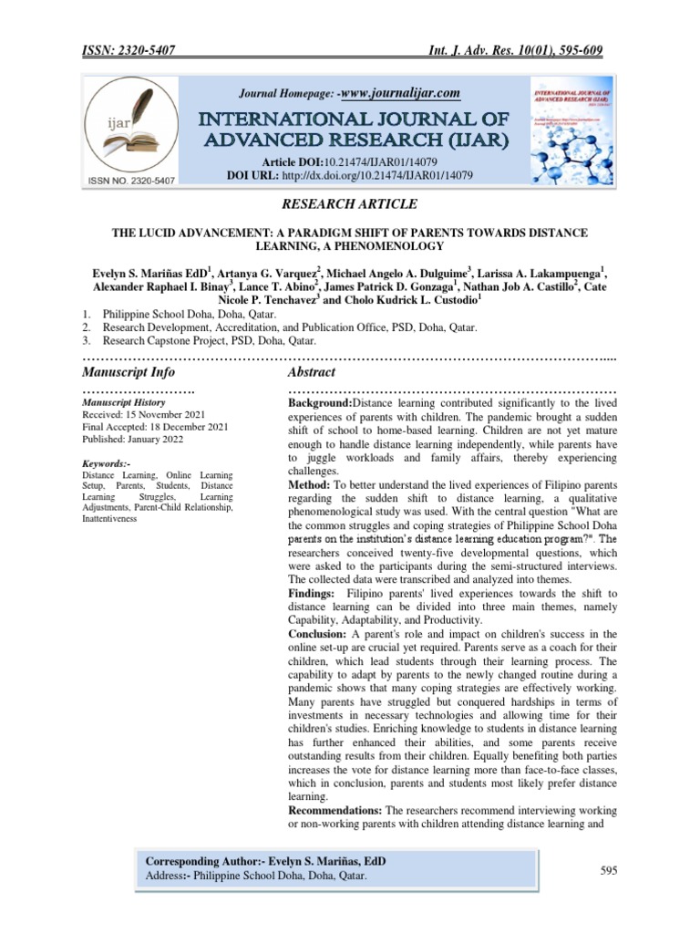 Parents' Shift to Distance Learning Insights | PDF | Educational ...
