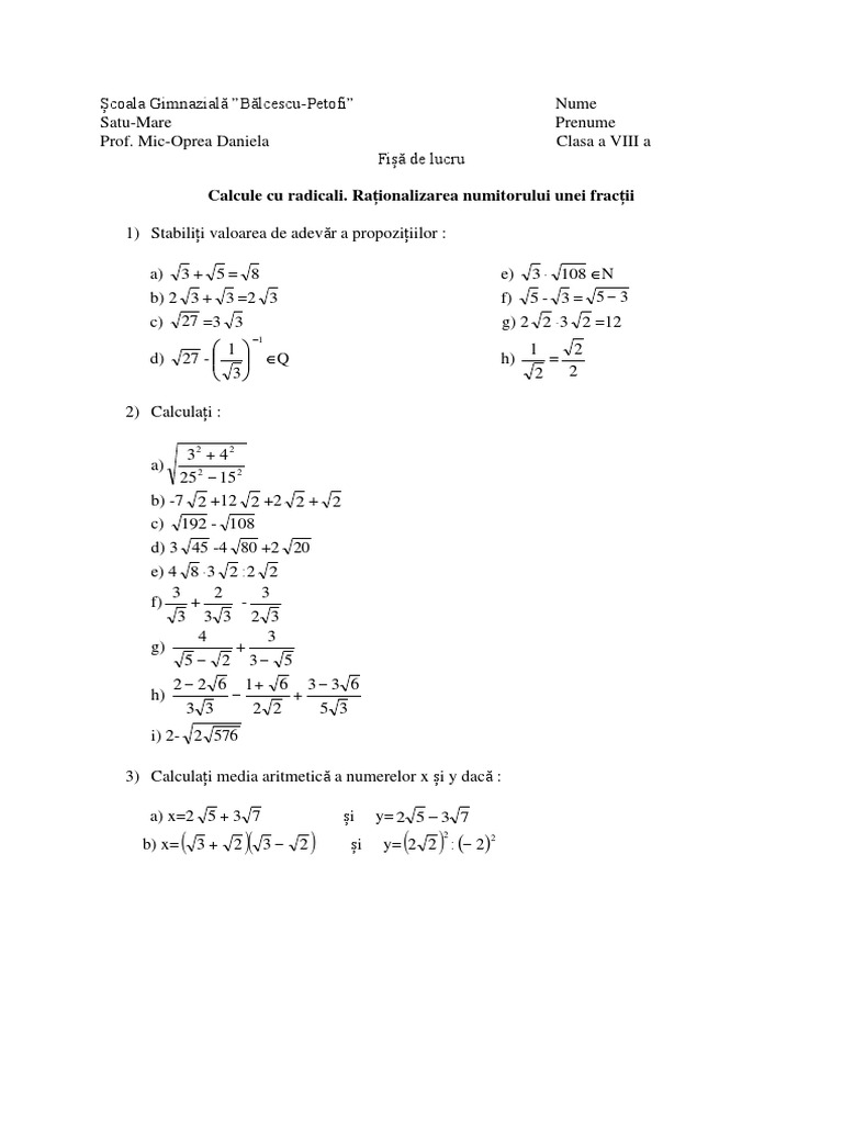Operatii Cu Radicali - Cls VIII - Fisa de Lucru | PDF