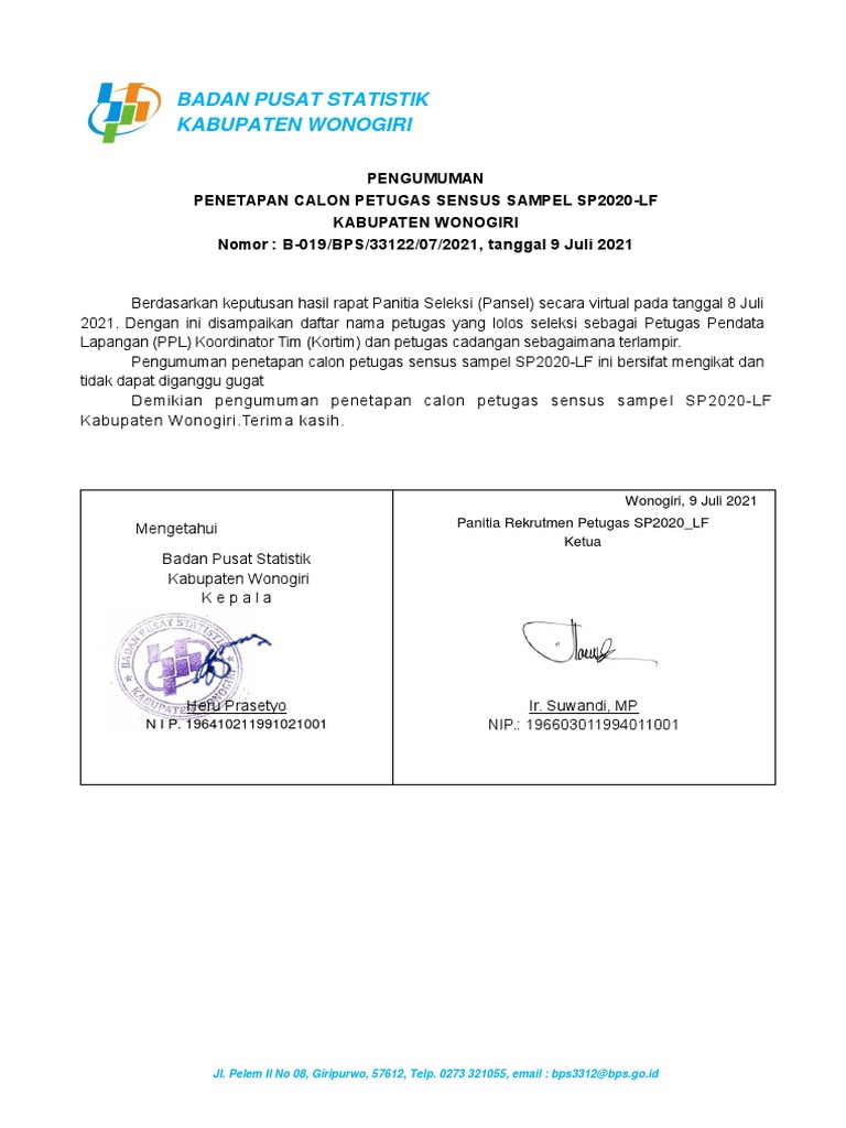 Pengumuman Penetapan Calon Petugas Sensus Sampel SP2020 LF Kabupaten Wonogiri | PDF