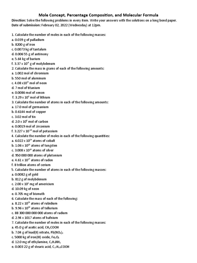 Mole Concept, Percentage Composition, and Molecular Formula | PDF ...