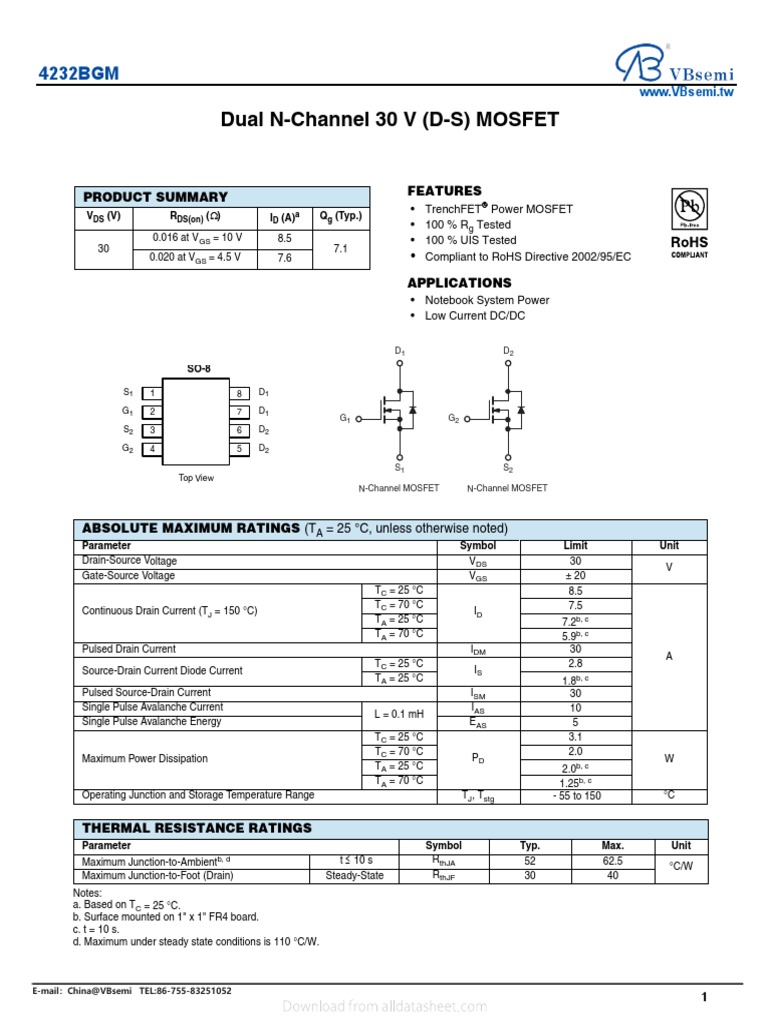 Dual N-Channel 30 V (D-S) MOSFET: Features Product Summary | PDF | Field Effect Transistor | Diode