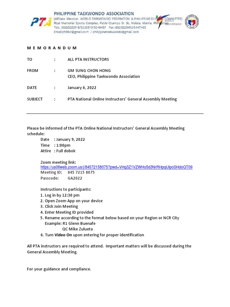 MEMO - PTA General Assembly | PDF