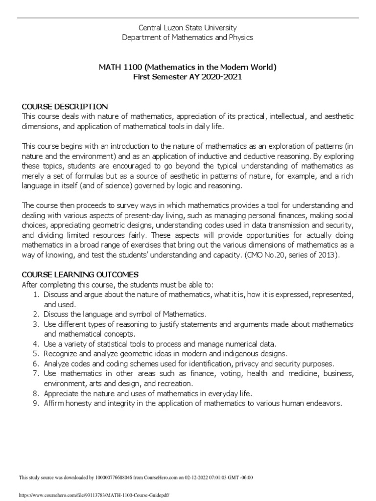 MATH 1100 (Mathematics in The Modern World) First Semester AY 2020-2021 ...