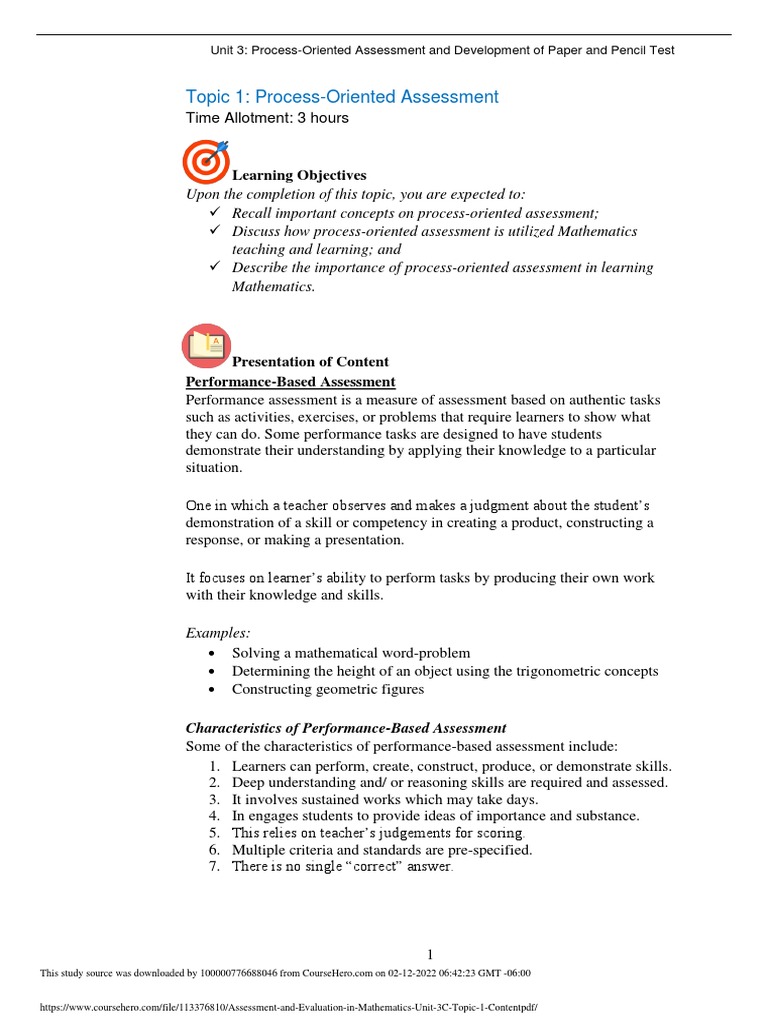Topic 1: Process-Oriented Assessment: Learning Objectives | Download ...