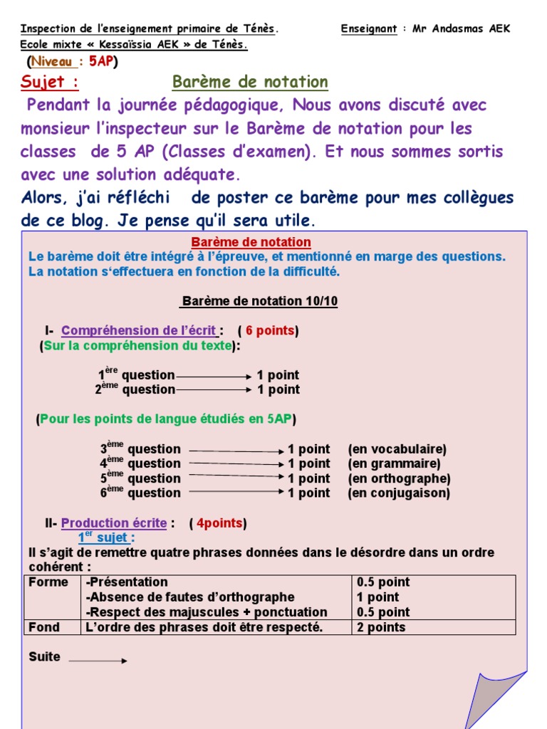 Barème de Notation 5AP à Ténès | PDF | Communication humaine | Cognition