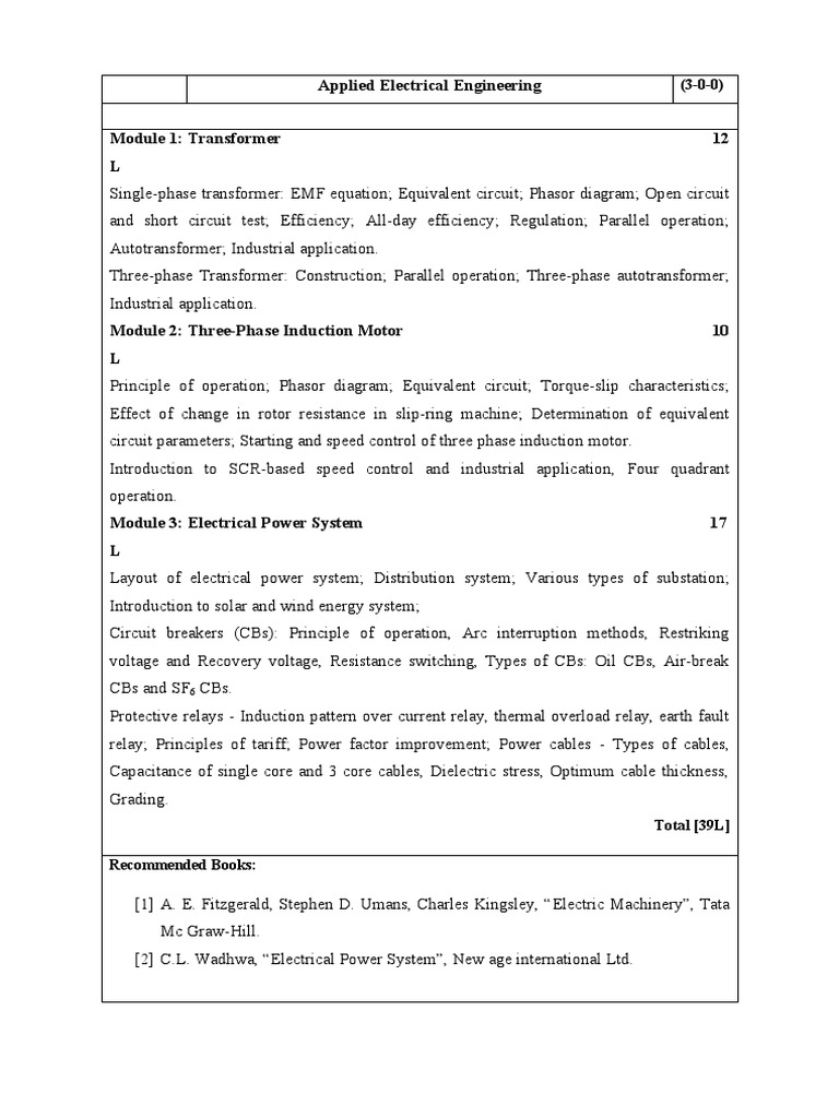 Applied Electrical Engineering Syllabus | PDF | Electric Motor ...