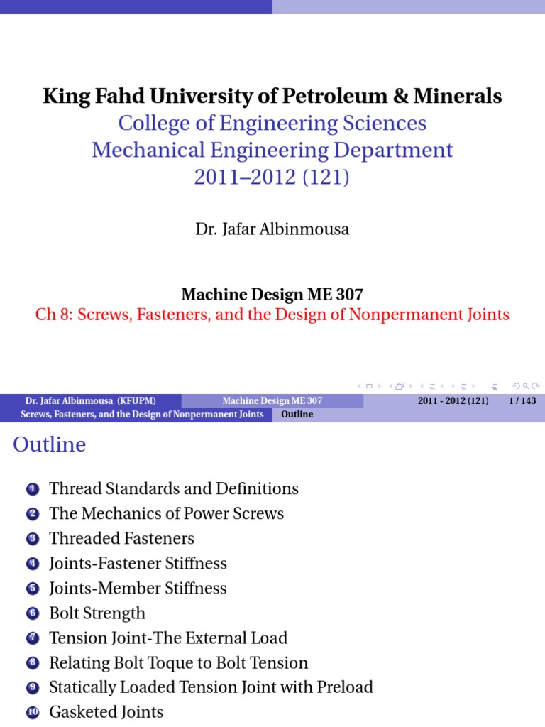 CH 8 Screws, Fasteners, and The Design of Nonpermanent Joints | PDF | Screw | Cutting Tools