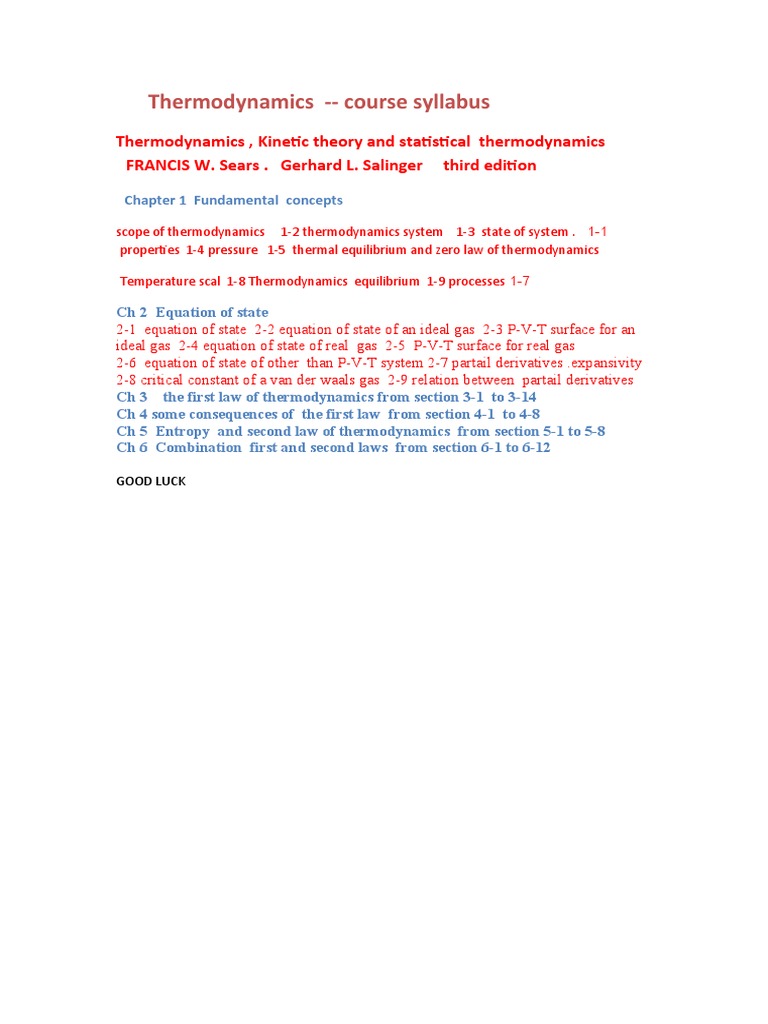 Thermodynamics - Course Syllabus | PDF