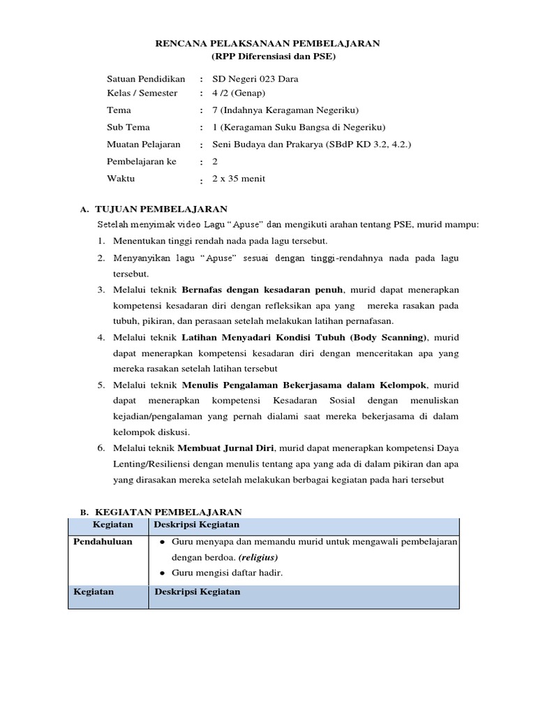 Rencana Pelaksanaan Pembelajaran (RPP Diferensiasi Dan PSE) | PDF