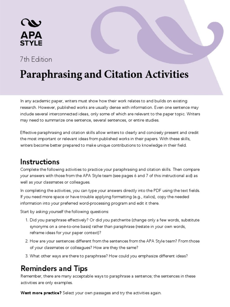 Effective Paraphrasing and Citation: An Instructional Guide | PDF ...