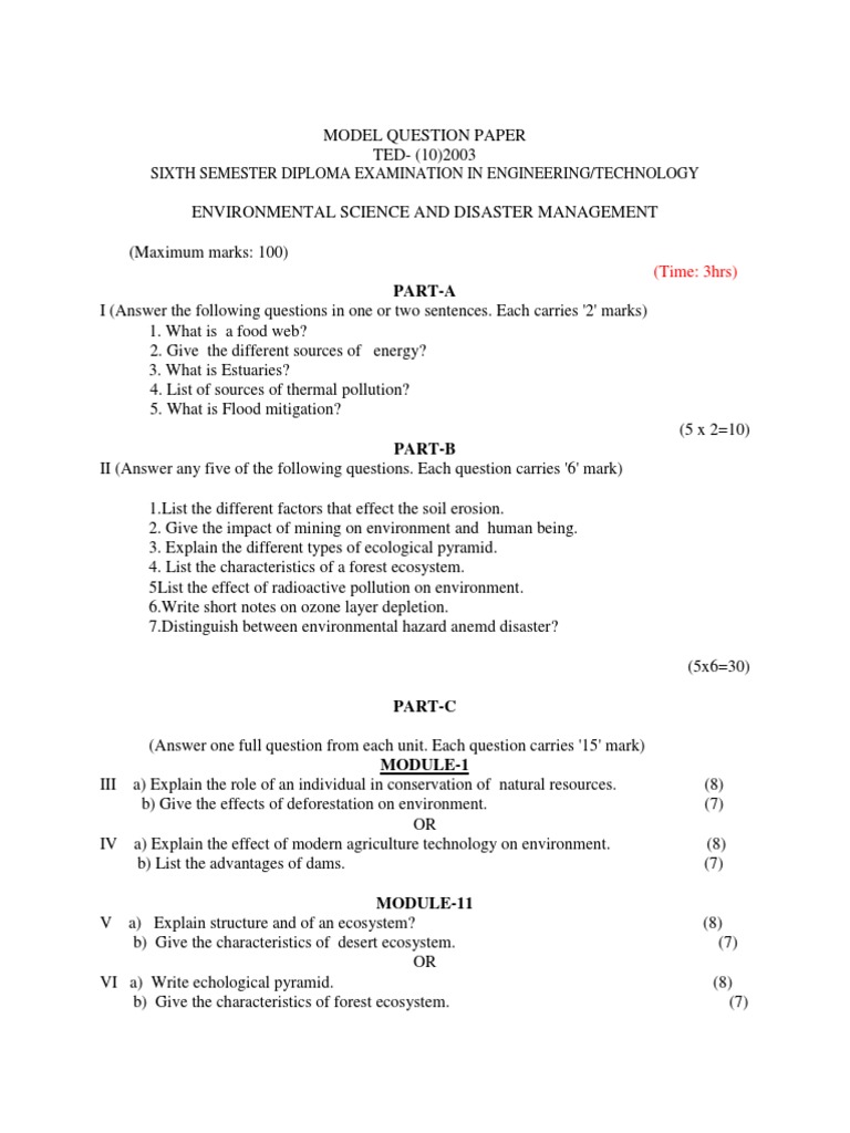Environmental Science Exam Model Paper | PDF | Pollution | Natural ...
