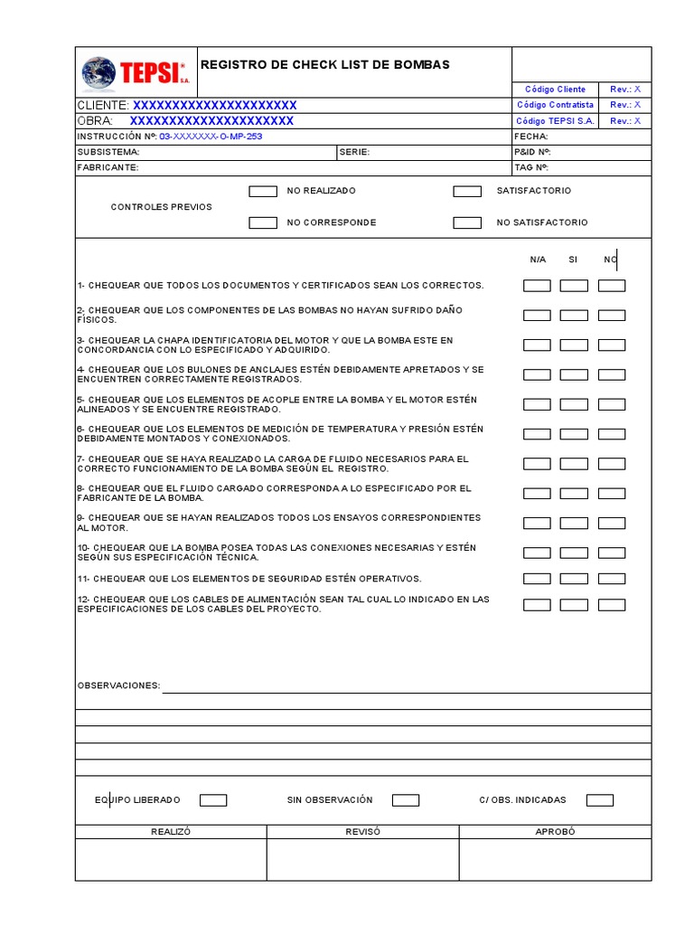 03 XXXXXXX O MR 253 - P001 X (Reg. Check List de Bombas) | PDF