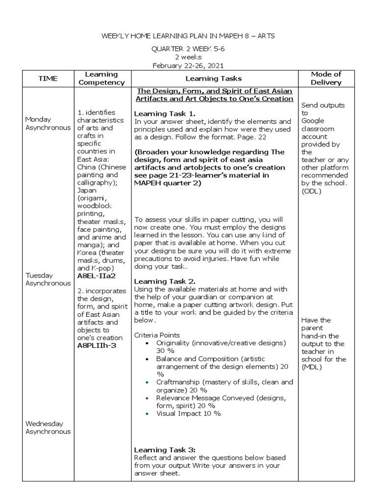 Whlp-G8-Arts-Week 5-6. | PDF | Learning | East Asia