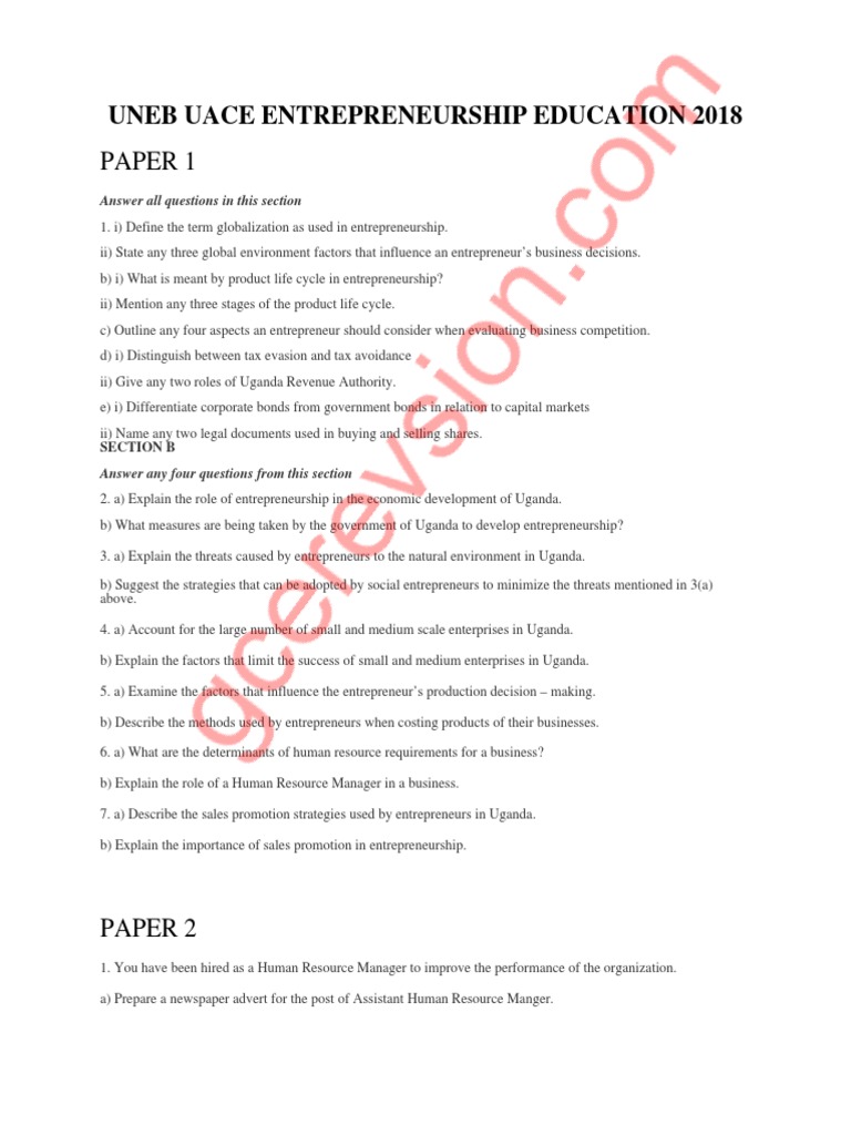 Uneb Uace Entrepreneurship Education 2018 | PDF | Entrepreneurship | Business