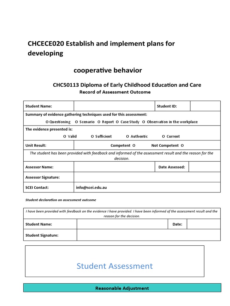 CHCECE020 - Student Assessment - v2.2 | PDF | Early Childhood Education ...