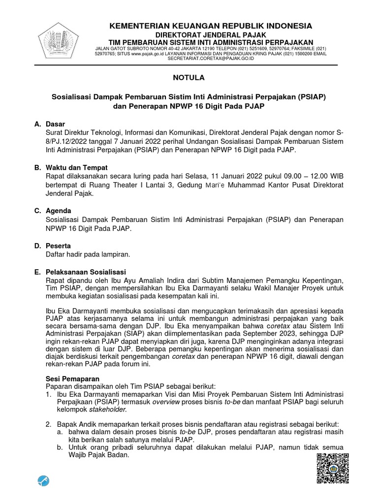 Notulen PSIAP & NPWP 16 Digit | PDF