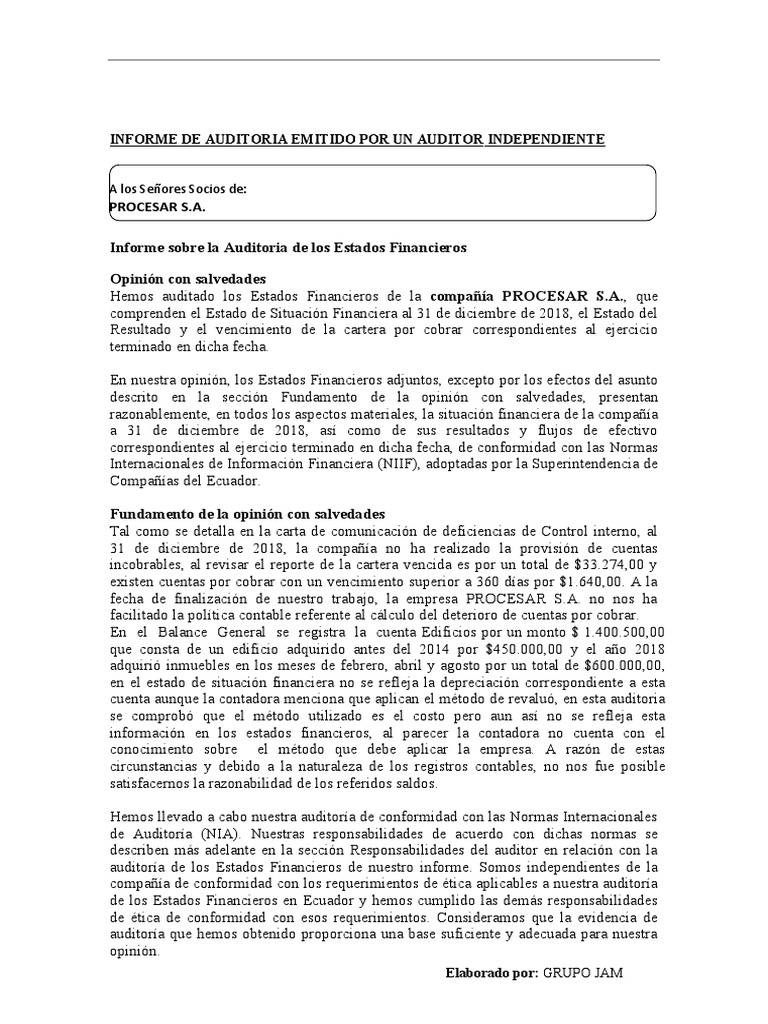 Dictamen Con Salvedades | PDF | Auditoría | Estado financiero