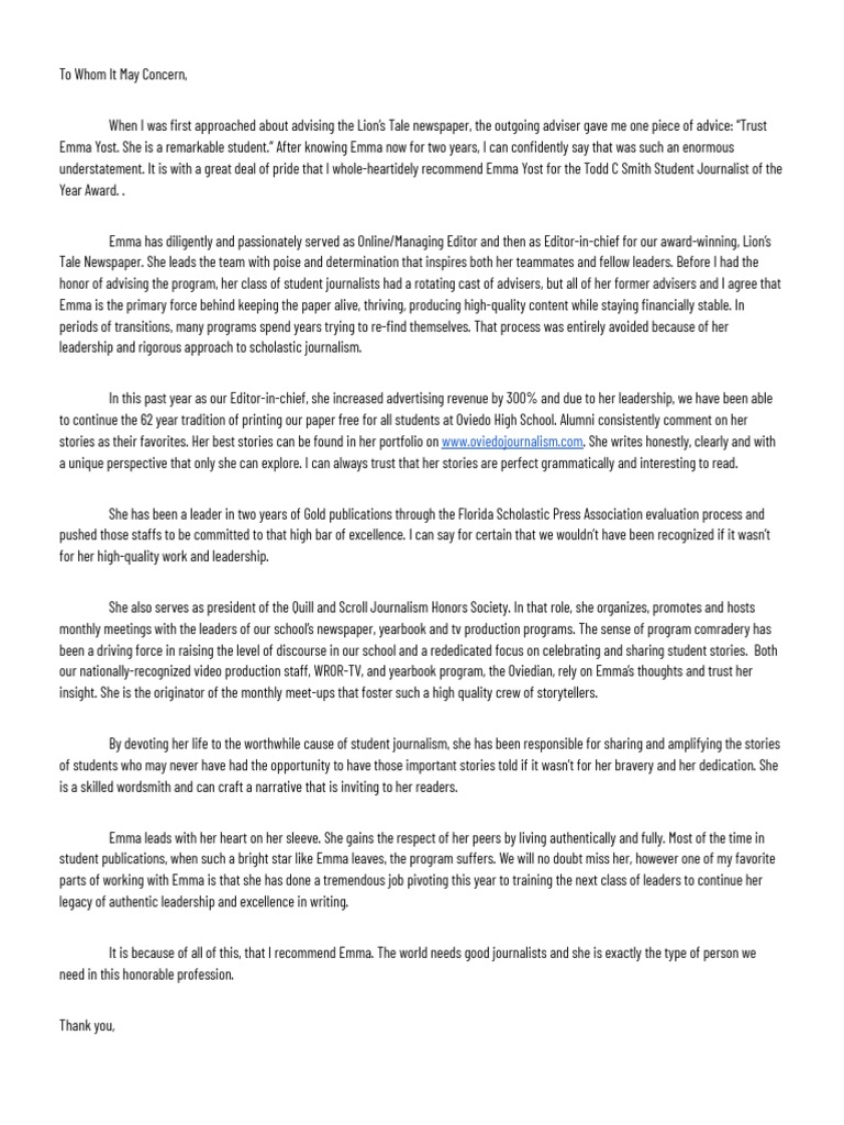 Emma Yost Rec Letter | PDF | Leadership | Newspapers