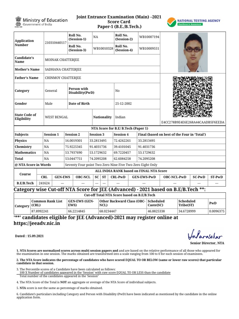 Joint Entrance Examination (Main) - 2021 Score Card Paper-1 (B.E./B ...