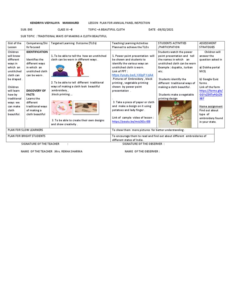 Class 3 EVS: Beautiful Cloth Lesson Plan | PDF | Lesson Plan ...