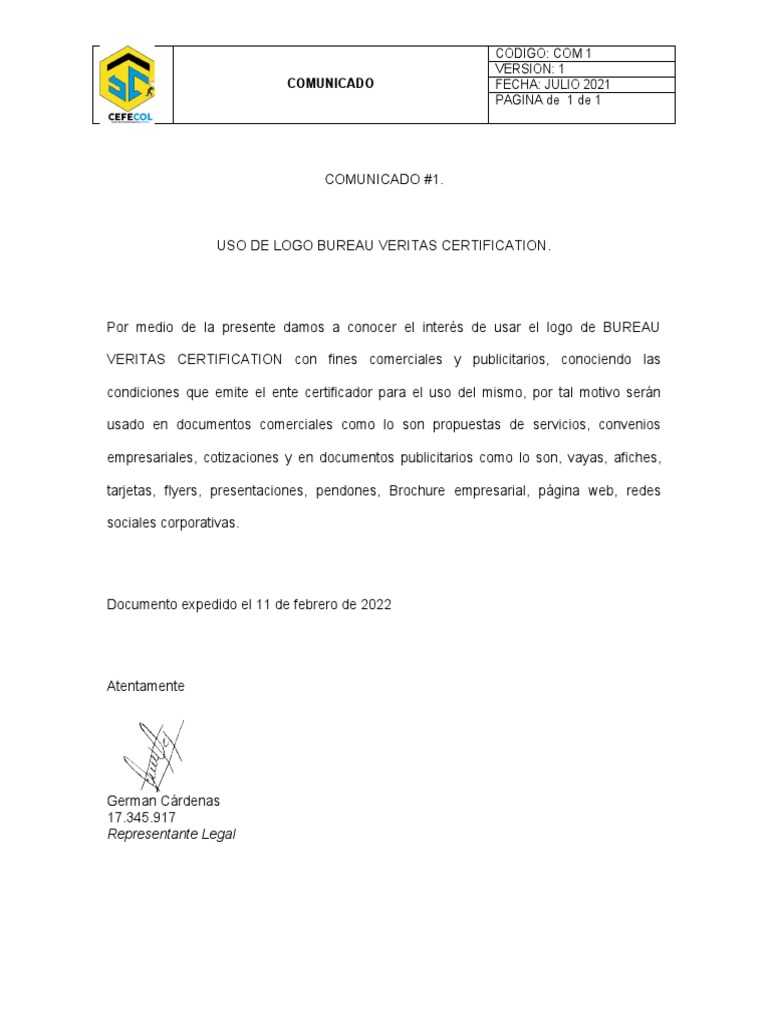 Comunicado 01 Uso Logo Bureau Veritas | PDF | Derecho