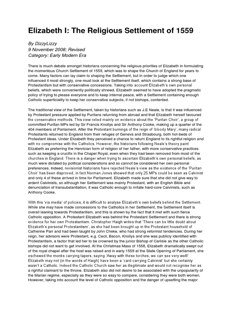 Elizabeth I The Religious Settlement of 1559 | Download Free PDF ...