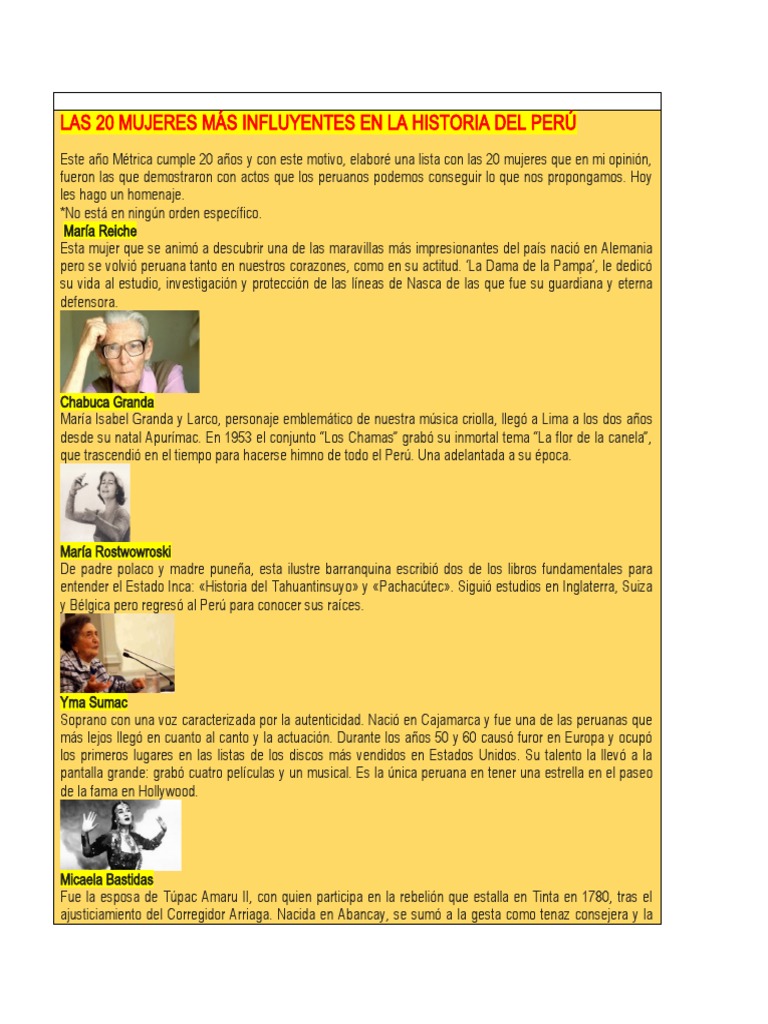 Las 20 Mujeres Más Influyentes en La Historia Del Perú | PDF | Perú ...