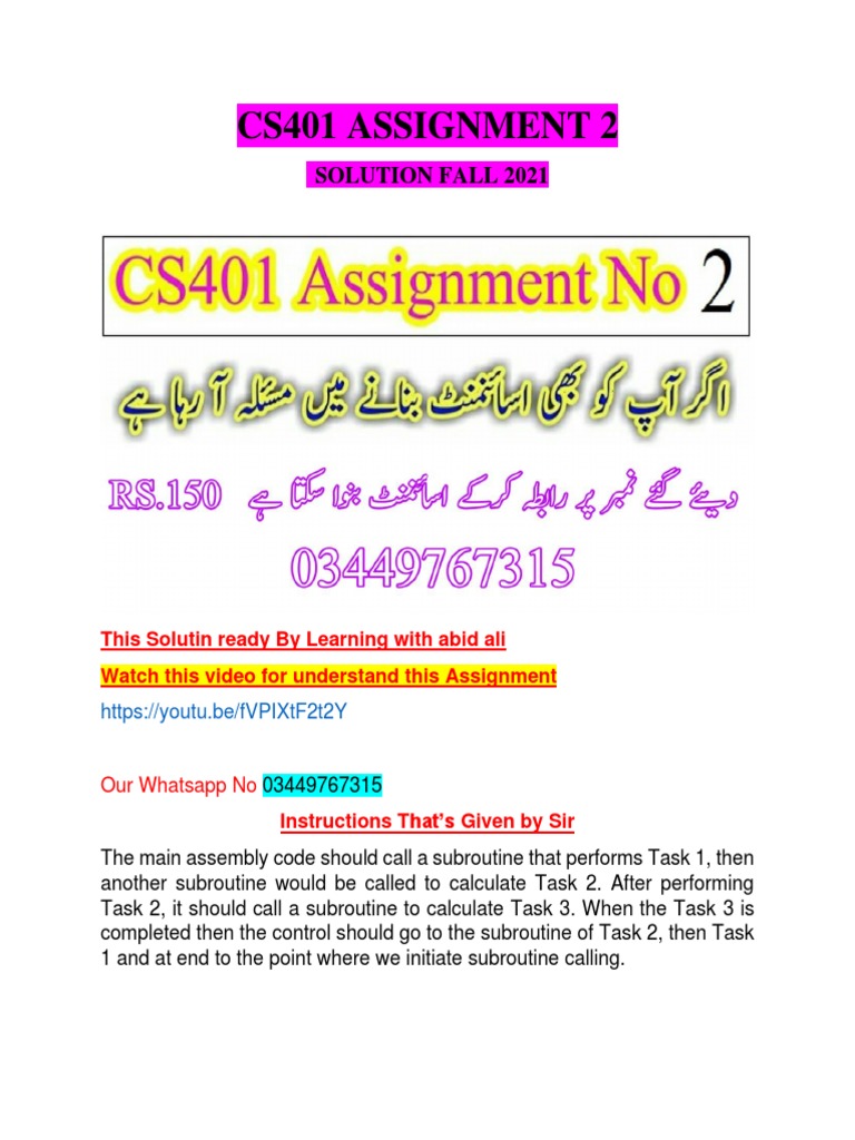 CS401 ASSIGNMENT 2 by Abid Ali | PDF | Assembly Language | Subroutine