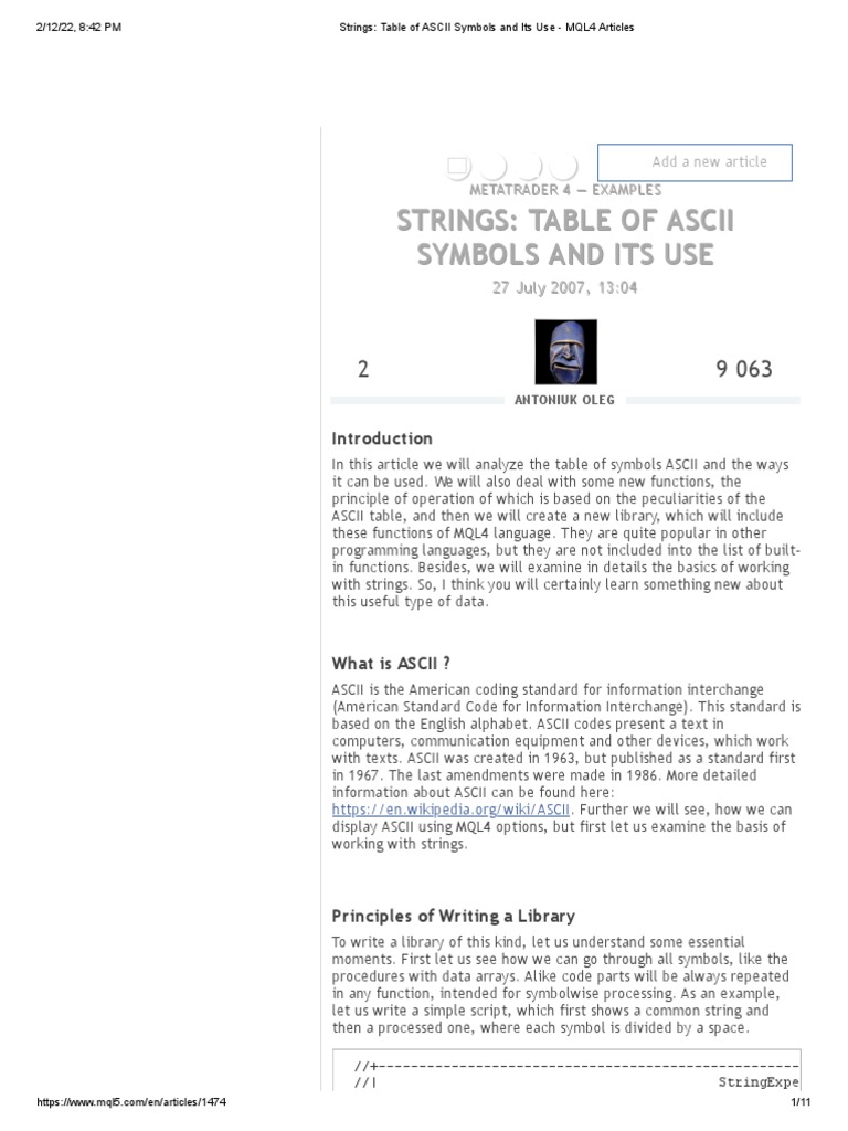 Strings Table Of Ascii Symbols And Its Use Mql4 Articles 5 Pdf String Computer Science 