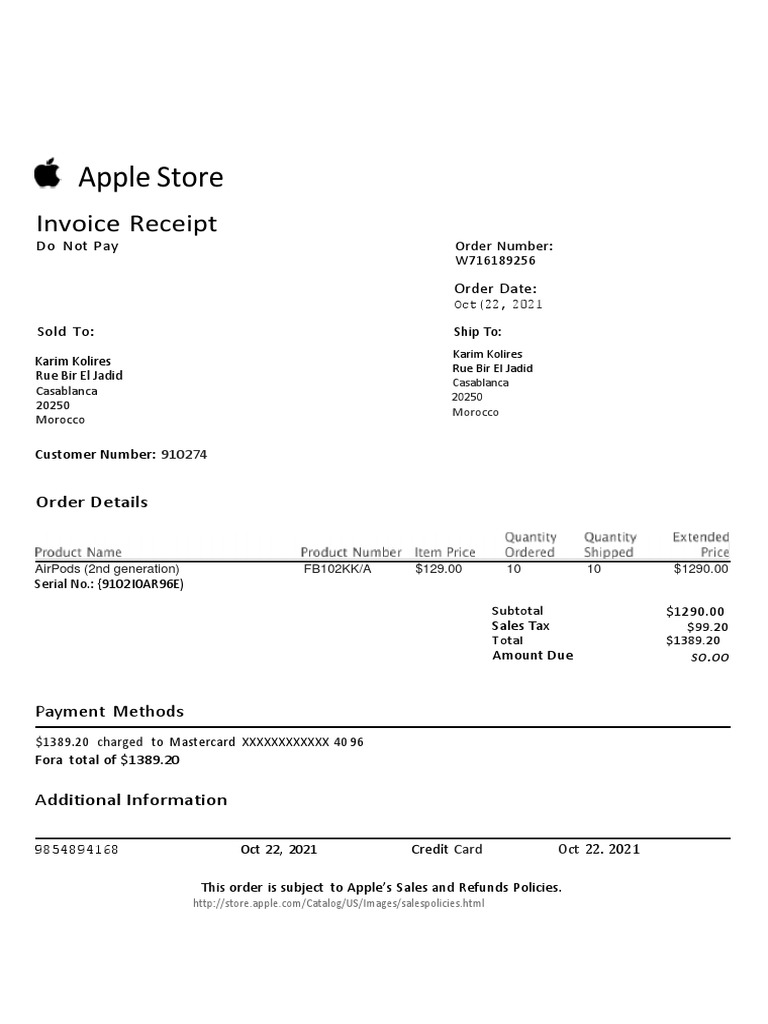 Apple 13 Macbook Pro 730210AR66E Receipt | PDF