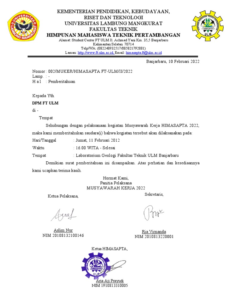 002 Surat Pemberitahuan Musyawarah Kerja DPM | PDF