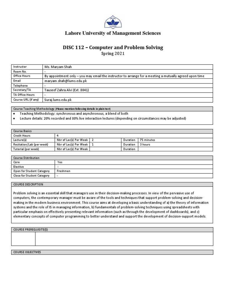 Couse Outline | PDF | Microsoft Excel | Information System