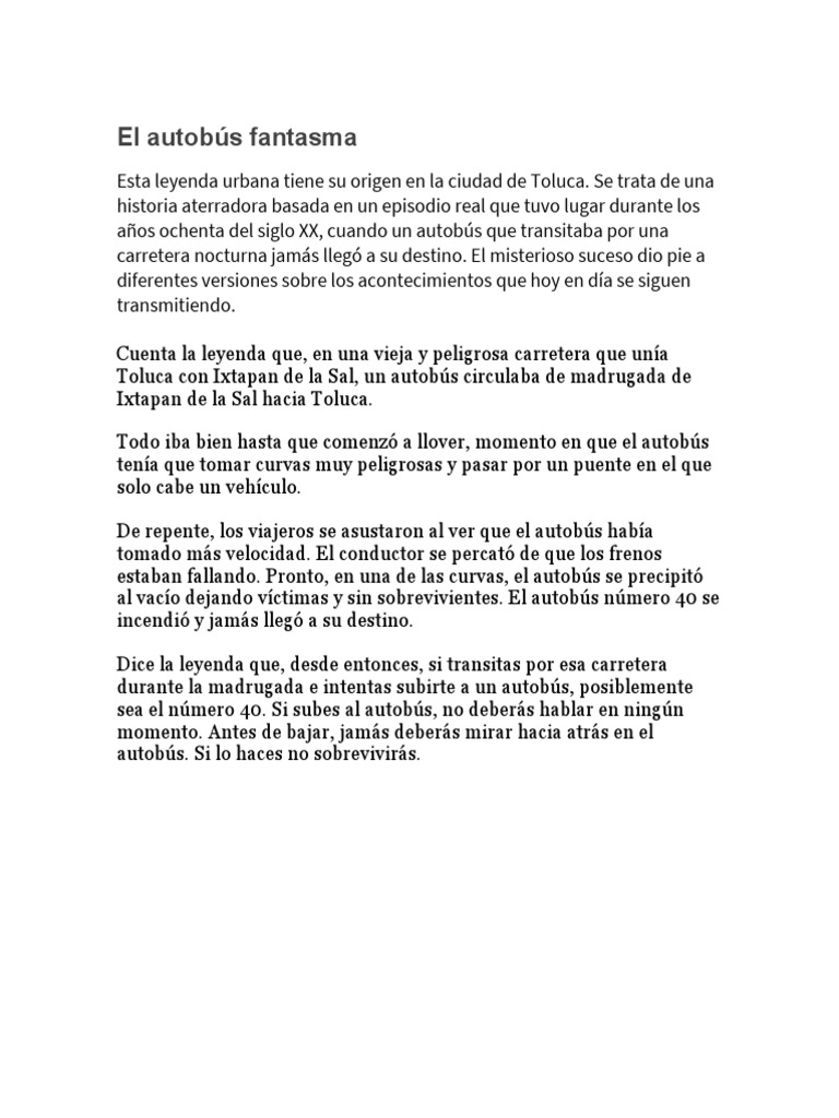Leyenda del Autobús Fantasma de Toluca | PDF | Clásicos