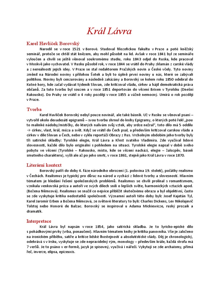 Král Lávra Čtenářák | PDF