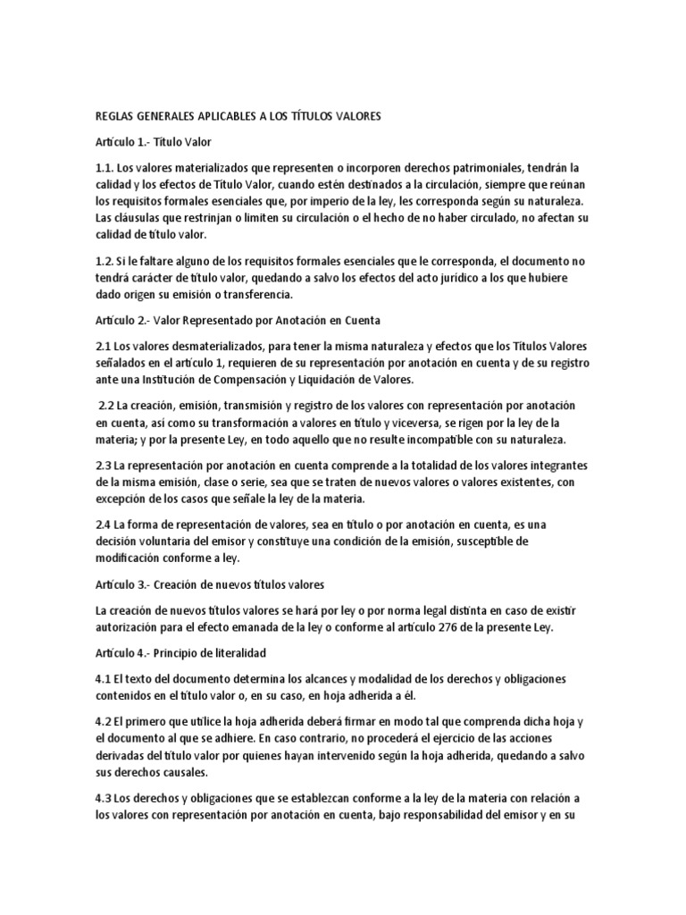 Reglas Generales Aplicables A Los Títulos Valores Ley 27287 2000