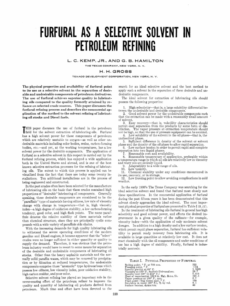 Furfural A Selective Solvent Petroleum Refining: Kemp, JR. | PDF ...