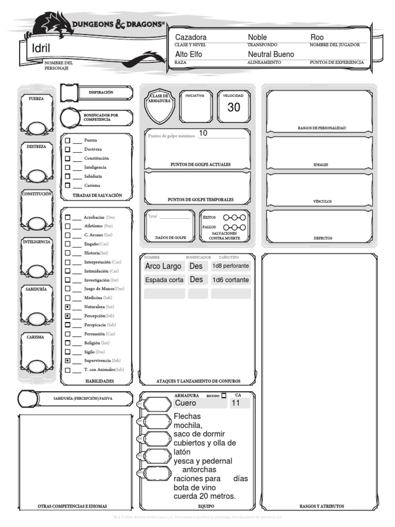 D&D 5 Edición Hoja o Ficha - Editable | PDF