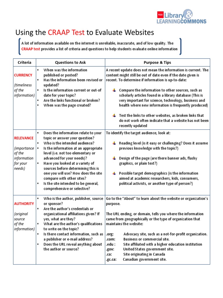Craap Test Using The To Evaluate Websites Pdf Cognitive Science Cognition