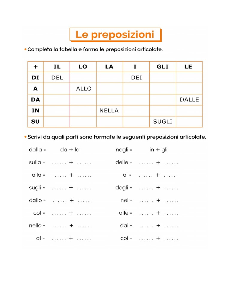 Preposizioni Tabella + Combinazioni | PDF