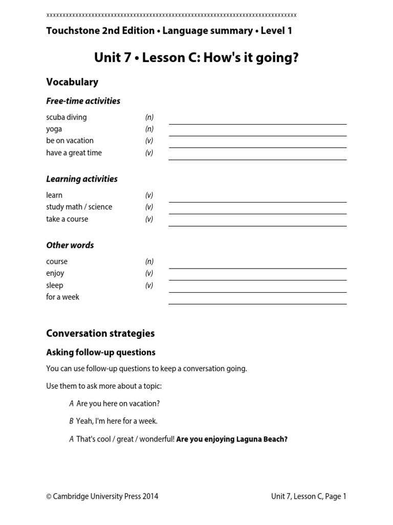 Unit 7 - Lesson C: How's It Going?: Touchstone 2nd Edition - Language ...