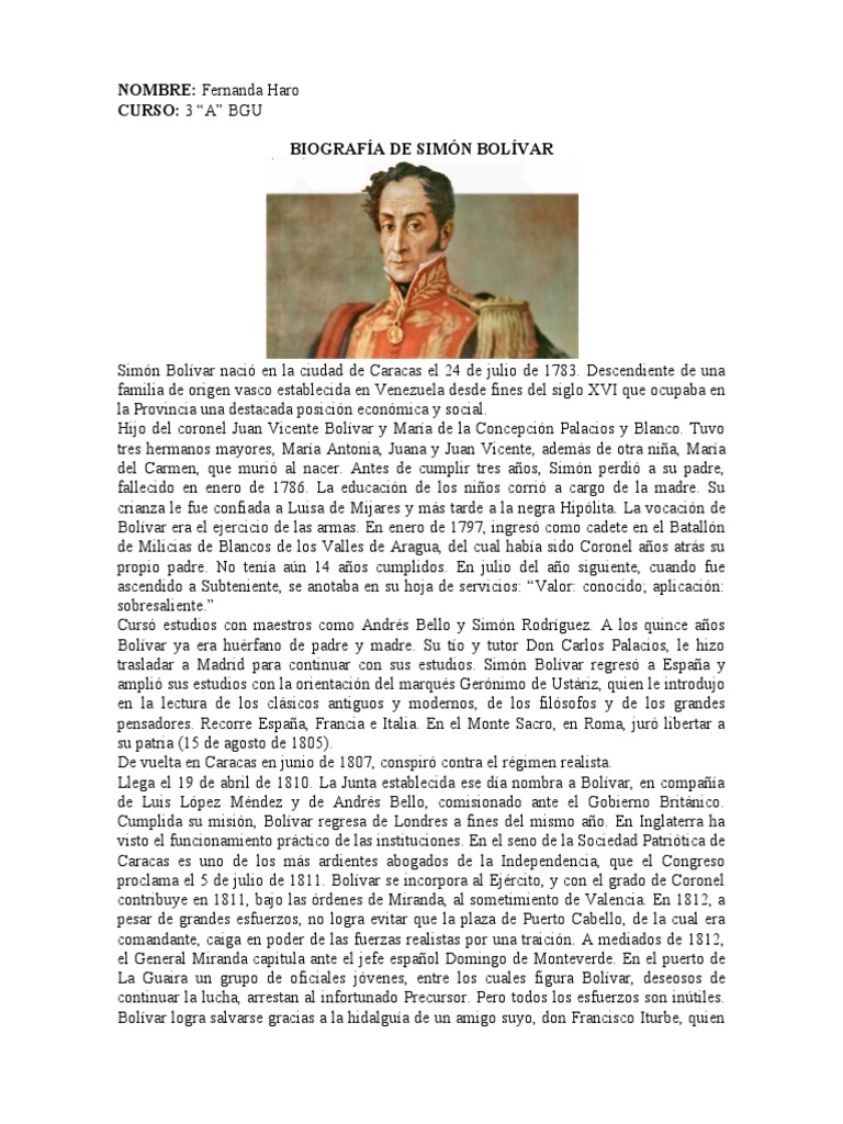 Biografía de Simón Bolívar | PDF | Historia