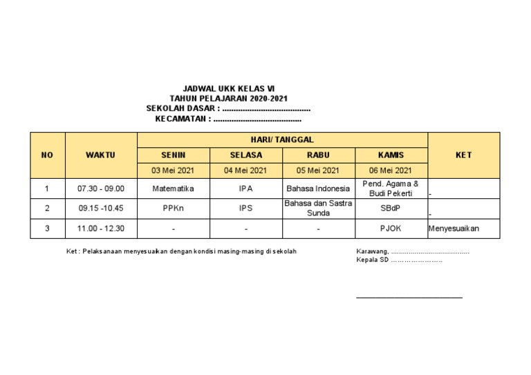 Jadwal UKK Kelas 6 TP 2020-2021 | PDF