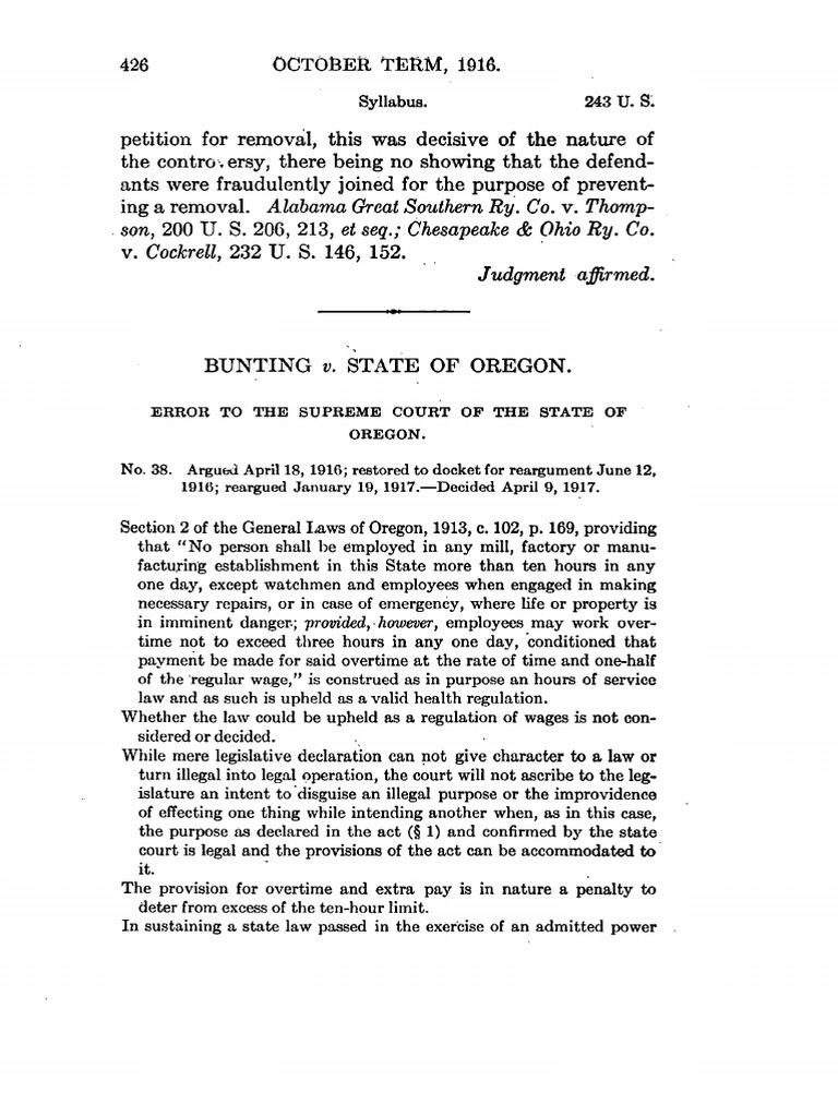 Bunting vs. State of Oregon 243 U.S. 426 | PDF | Overtime | Employment