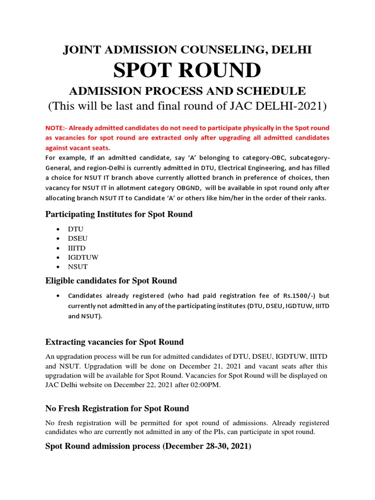 B.Tech. Admissions Spot Round Process and Schedule | PDF