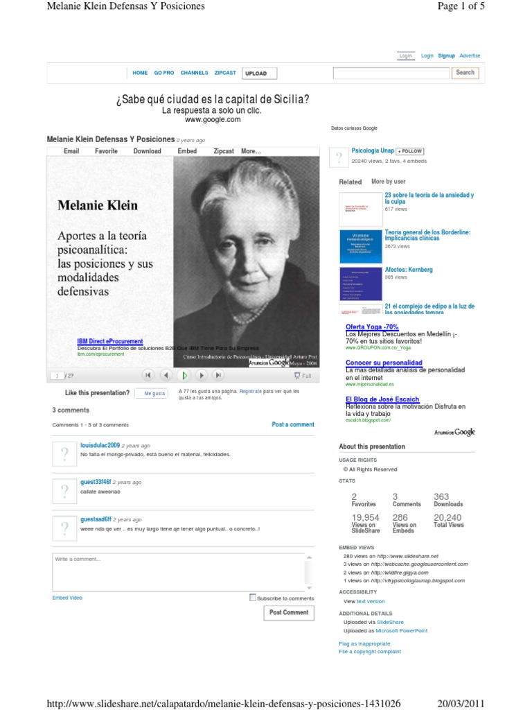 Melanie Klein Defensas y Posiciones | PDF | Psicoanálisis | Dolor